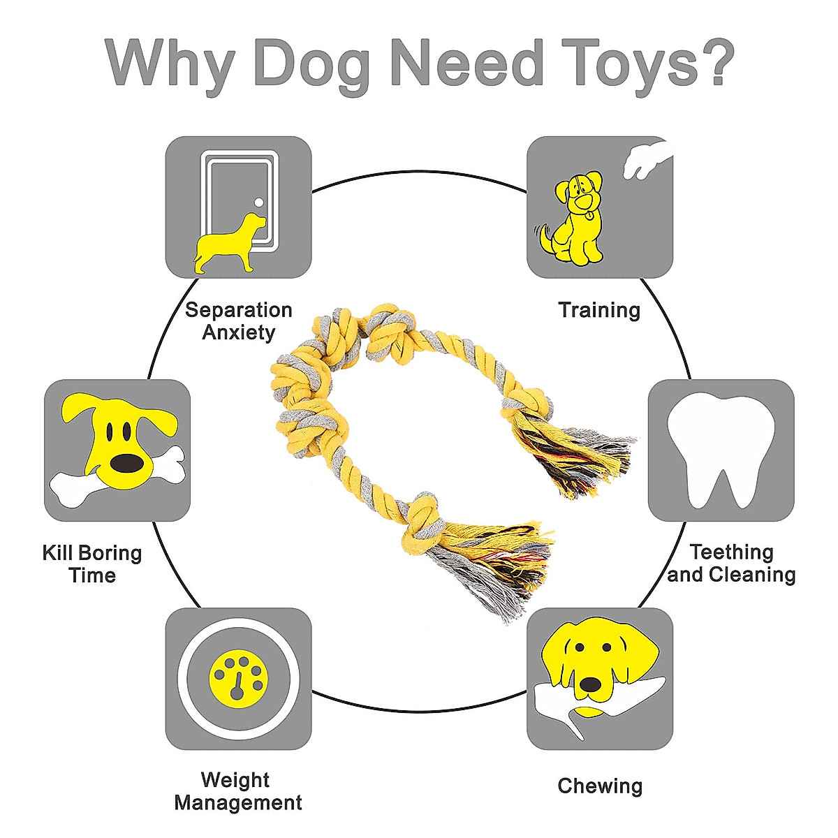 Caletoo Dog Rope Toys for Small Dogs, Rope Chew Toys for Aggressive Chewers, 22 Inchs Long 6 Knots Puppy Teething Chew Toy, Tug of War Interactive Tough Tug Dog Toys, Yellow