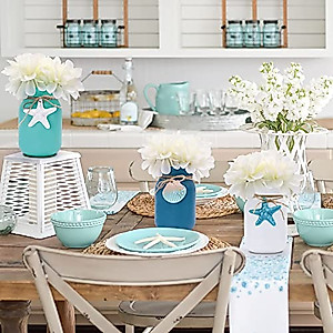 Beach Mason Jar Decor Coastal Table Centerpiece with White Flowers Floral Arrangement Blue Shell Starfishes Slices Summer Sea Farmhouse Tiered Tray Wedding Décor Vases Home Hostess Gift Idea Set of 3
