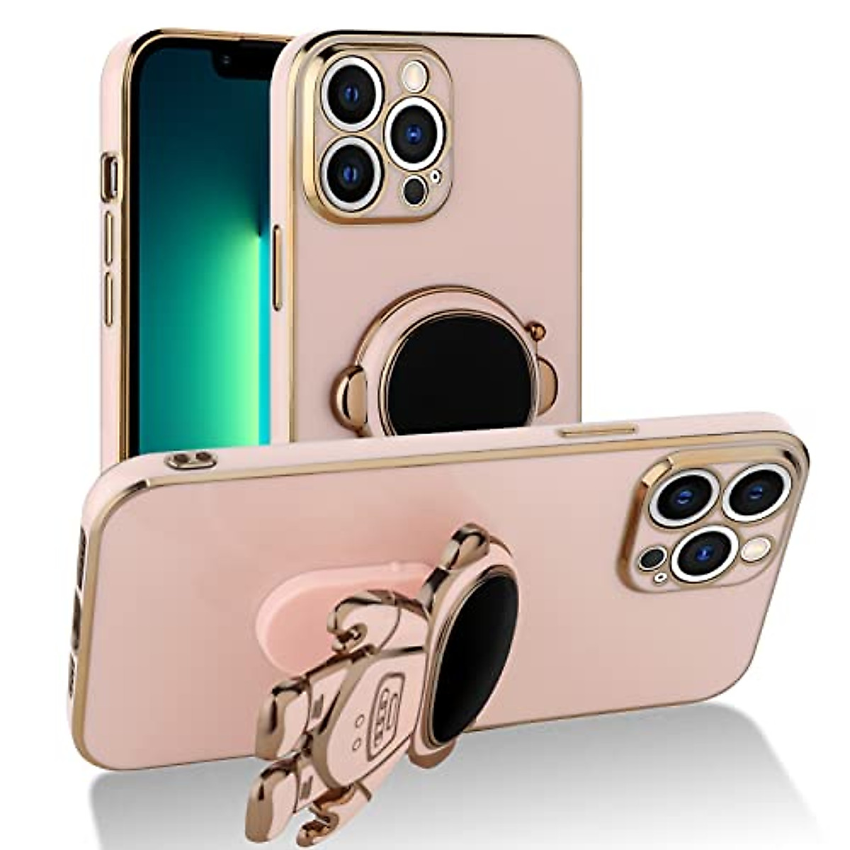 AIGOMARA 6D Plating Astronaut Hidden Stand Case Cover for iPhone 13 Pro Max Women Astronaut Folding Bracket Kickstand iPhone Case with Camera Protector Soft TPU Shockproof Bumper 6.7 Inch - Pink