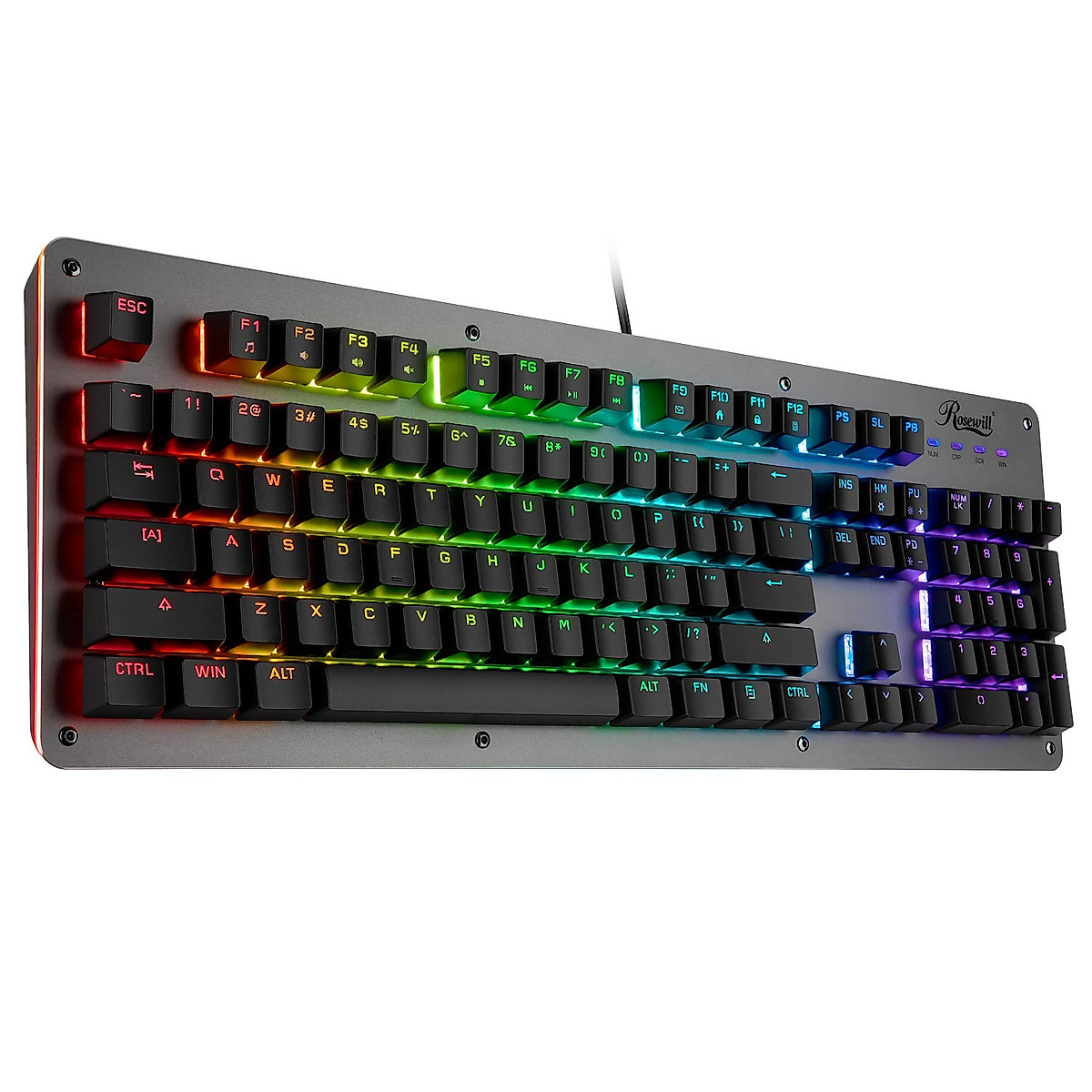 Rosewill NEON K52 Wired Waterproof Gaming Keyboard, 8 RGB Backlight Effects, 104 Keys 19 Keys Anti-Ghosting 12 Multimedia Hotkeys Aluminum Base