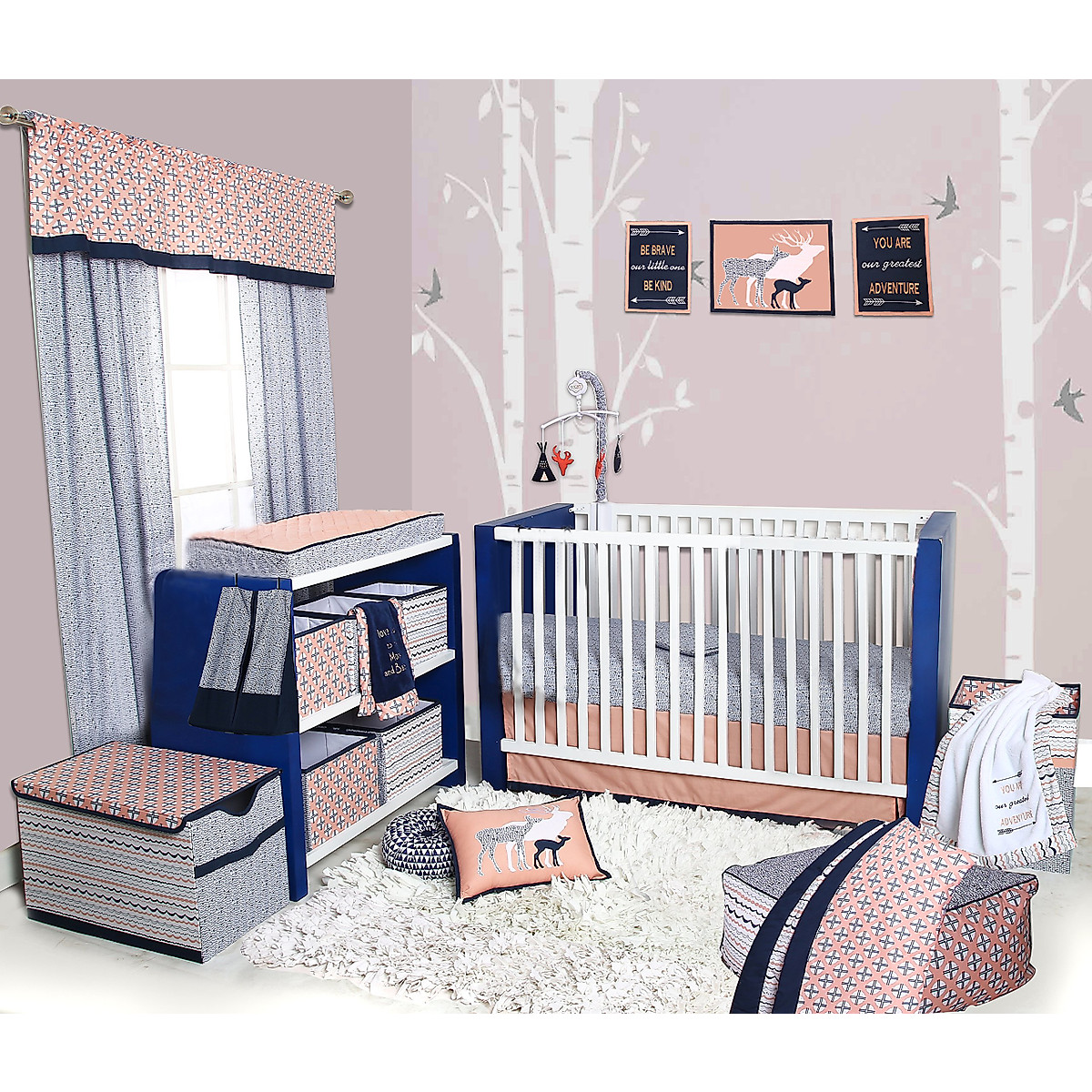 Bacati - Plush Baby Blanket Tribal/Aztec Coral/Navy Embroidered 30 x 40 inches