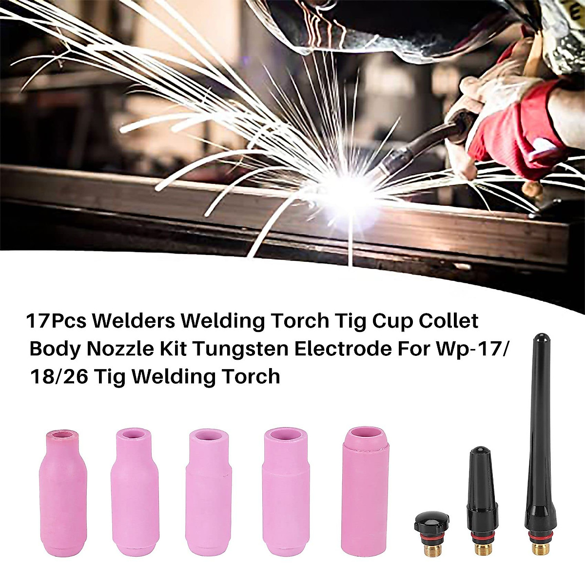 Sudemota 17Pcs Welders Welding Torch Tig Cup Collet Body Nozzle Kit Tungsten Electrode For -17/18/26 Tig Welding Torch