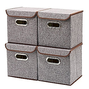 EZOWare 4pc Storage Basket Bins with Lid - Linen lidded Fabric Folding Boxes Cubes Containers - Gray, 9.8 x 9.8 x 9.8 inches