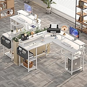 Aheaplus L Shaped Gaming Desk with Power Outlets & LED Lights, Computer Corner Desk with Monitor Stand and Storage Shelf, Home Office Writing Desk with Storage Bag, White