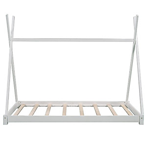 Solid Wood Twin Size Canopy Platform Bed with Triangle Structure, Twin Floor Bed Frame for Boys, Girls, Teens, Mattress Base, No Box Spring Needed (White)