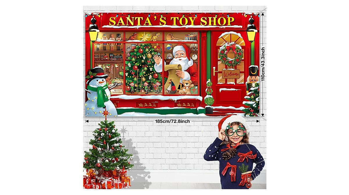 Christmas Backdrop Banner Santa's Toy Shop Holiday Photo Background