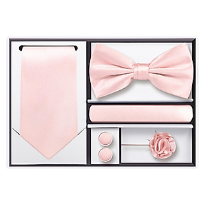 TIE G 5pcs Tie Set in Gift Box : Solid Color Necktie, Satin Bow Tie, Pocket Square, Lapel, Cuff Links (Blush Pink)