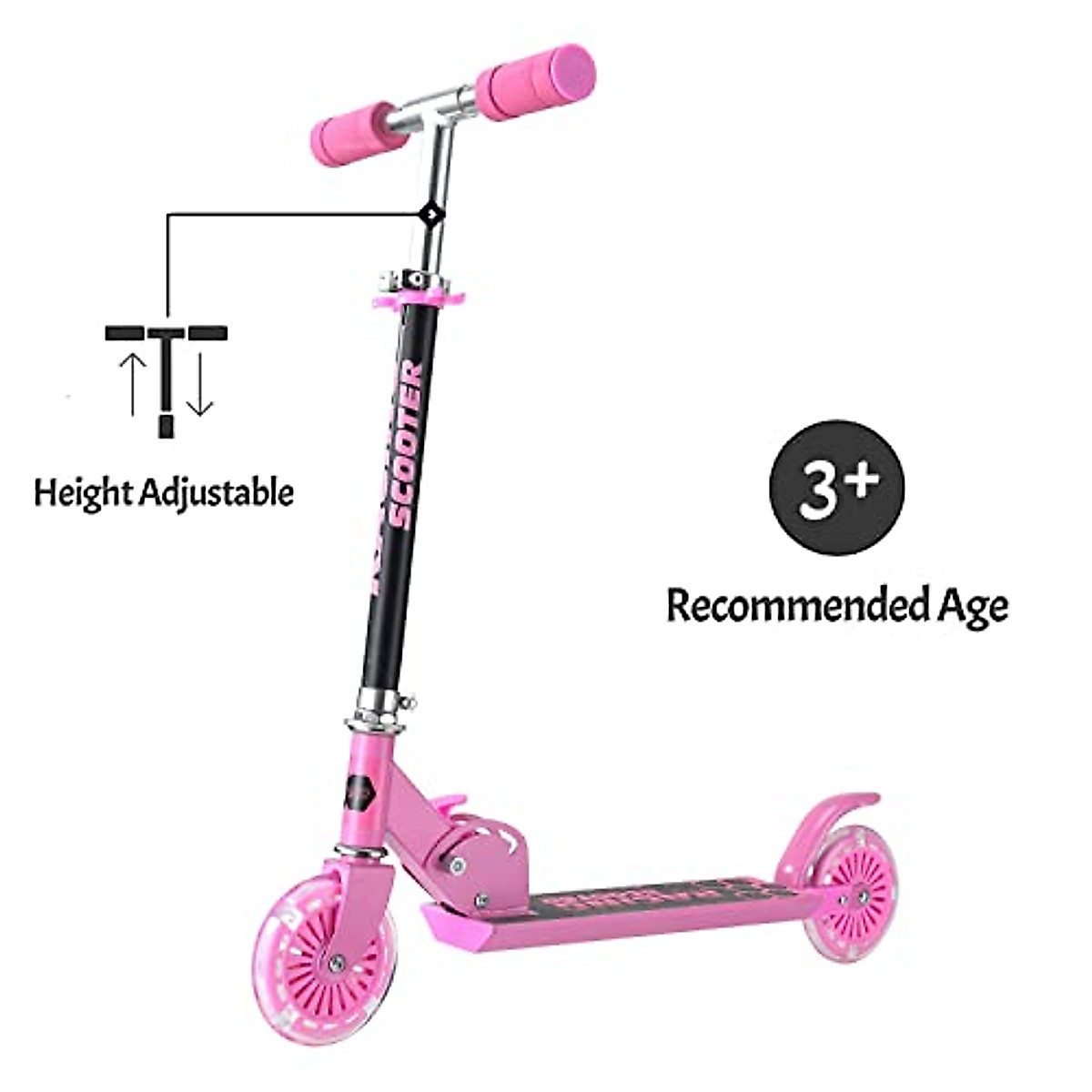 Scooters for Kids 2 Wheel Folding Kick Scooter for Girls Boys Ages 3+ to Teen, fold-to-Carry, Lightweight, Portable Scooter with Motion-Activated Light-up Wheels, and Adjustable Handlebars