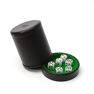 Luck Lab Black Leather Dice Cup with Lid Including 6 Matching Pearl Dice - Green Velvet Interior for Quiet Shaking - Use for Liars Dice Farkle Yahtzee Board Games