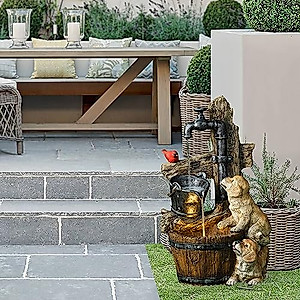 LuxenHome Water Fountain Outdoor, 3 Tiered Puppies and Water Pump Resin Outdoor Fountains and Waterfalls, Water Fountains with LED Light, 30 inch Brown/Yellow, Farmhouse Garden Water fountains outdoor