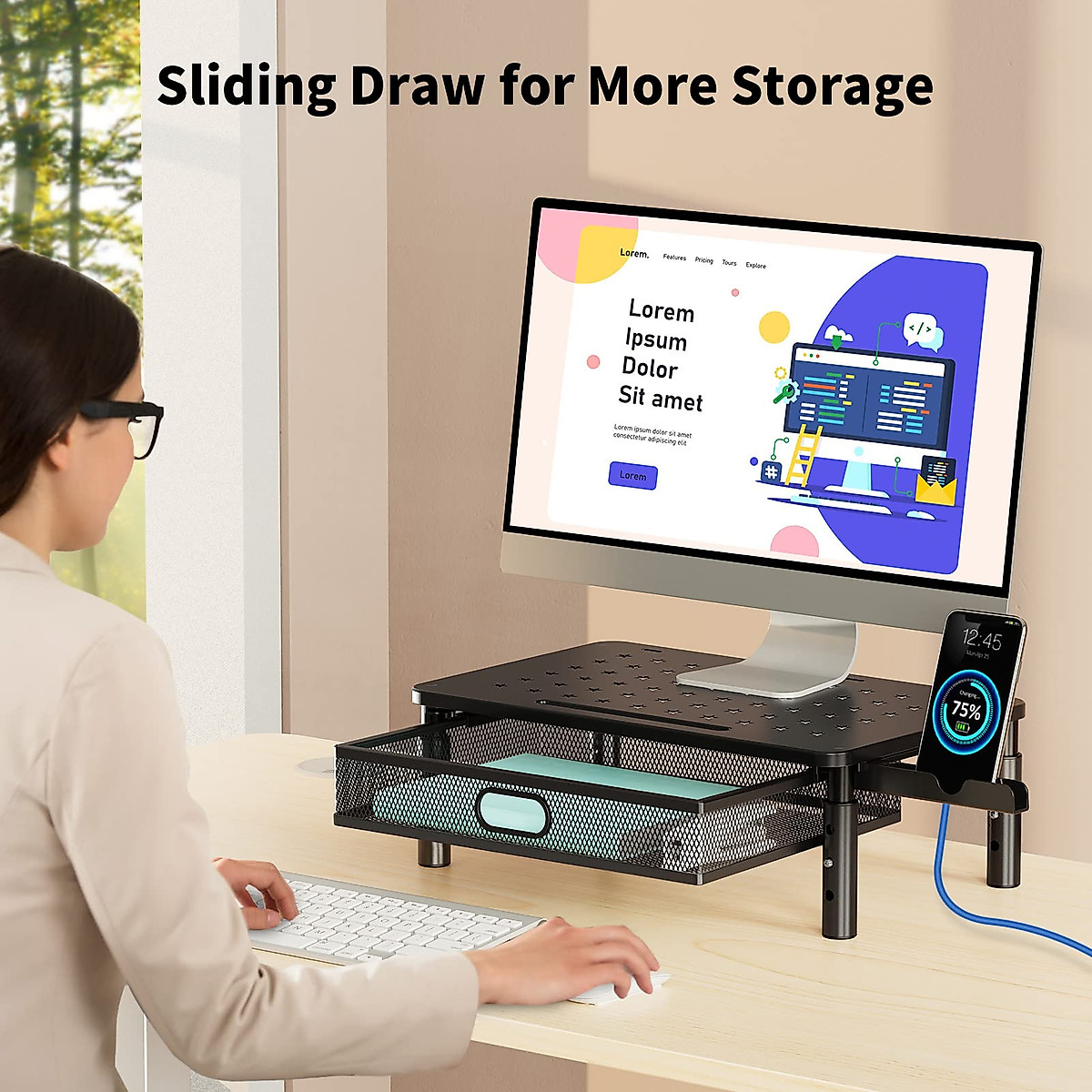 Zimilar Monitor Stand Riser with Metal Mesh Drawer, Height Adjustable Monitor Riser with Phone Holder for Computer Dual Glass Monitor Stand Riser, 3-Shelf Tempered Glass Monitor Stand