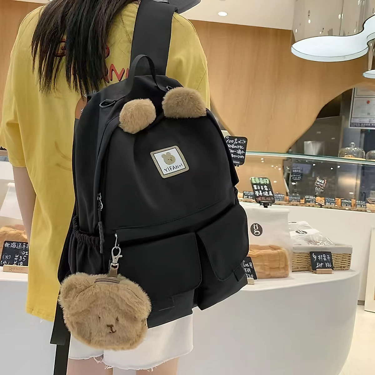 LaurelTree Kawaii Aesthetic Cute Backpack with Accessories Laptop Backpack Daypack Rucksack Travel Commuter Bag School College Office Adults Students Teens Girls Boys Women (Black)