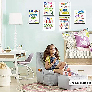 Sunday School Decorations for Classroom, Framed Bible Verse Wall Decor for Kids Room, Christian Religious Wall Art Canvas for Nursery Playroom Bedroom (Set of 6, 8X10in, Framed)