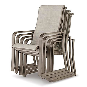 Signature Design by Ashley Beach Front Casual Outdoor Stackable Faux Leather Sling Arm Chair, Set of 4, Light Brown