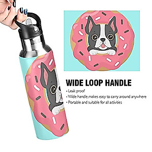 Yasala Water Bottle Dog Donut French Bulldog Coffee Thermos Stainless Steel Insulated Beverage Container 20 oz with Straw Lid BPA-Free for Sport, Travel, Camping, Back to School