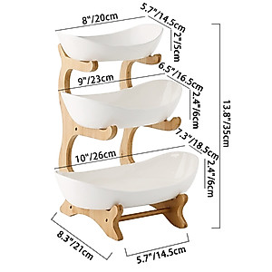 Ceramic Oval Tiered Serving bowls Tray Set，White 3 Tier Ceramic Fruit Bowl with Bamboo Wood Stand for Sushi, Dessert, Fruit, Vegetables, Appetizer, Cake, Candy, Chip Dip (White, 3-Tier)
