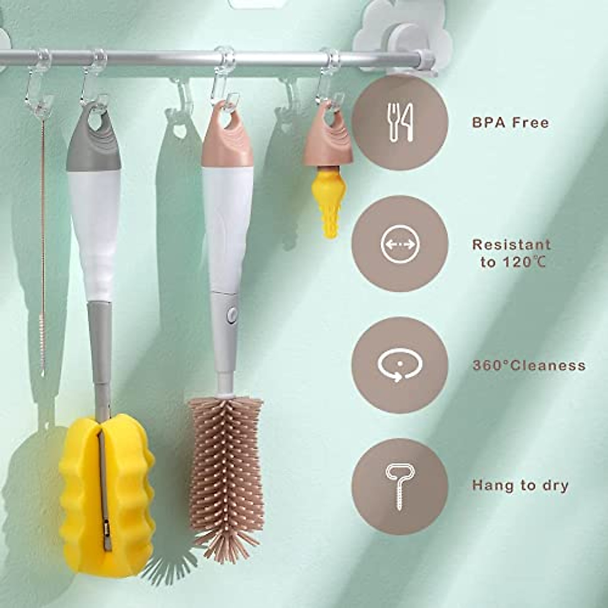 SEEDNUR Baby Bottle Brush Silicone Cleaning Brushes Water Bottle Cleaner 4pcs(Gray)