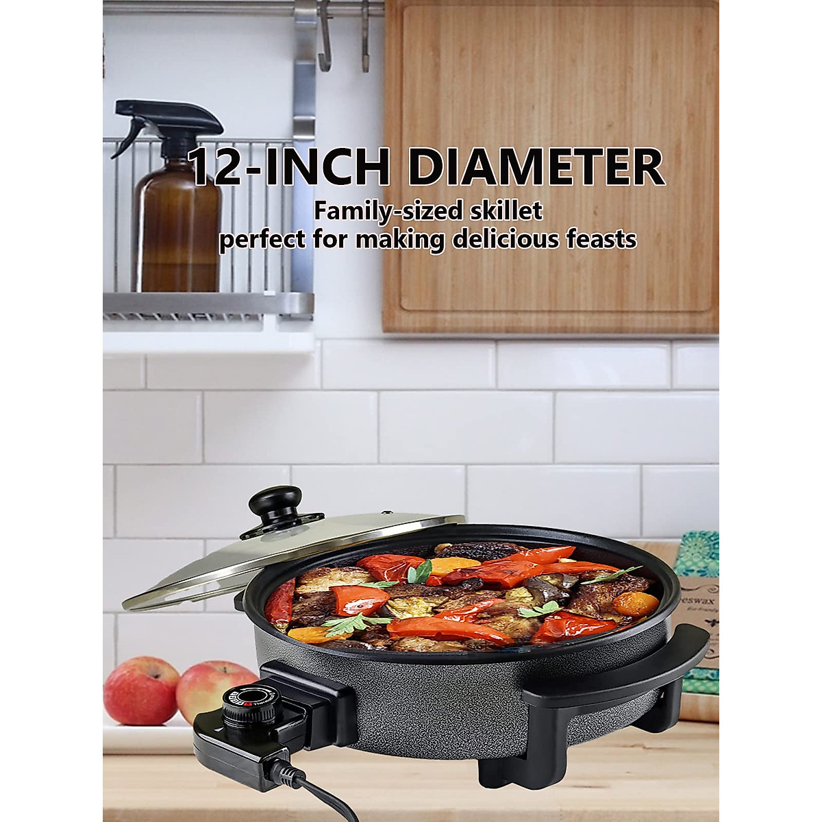 Nonstick Electric Skillet - Aluminum Coated Grill Pan & Glass Lid Cover (12-Inch)