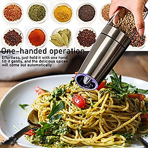 Gravity Electric Salt and Pepper Grinder, SAINSWIN Automatic Pepper Mill Grinder Battery-Operated,Silver Adjustable Coarseness Sea Salt Grinder, LED Light, Utility Brush,One Hand Operated