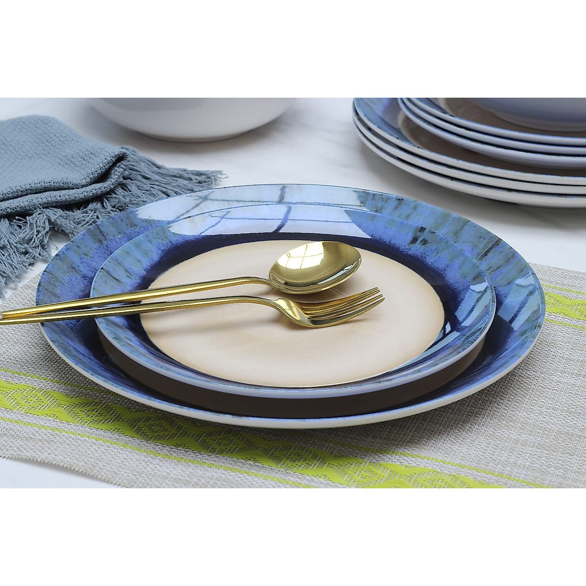 Blue Melamine Dinnerware Sets, Melamine Dishes Set for 4, 12PCS Plates and Bowls Sets,Unbreakable Dinnerware, Lightweight, Dishwasher Safe, BPA Free, Great for Outdoor Use, Gradient Color