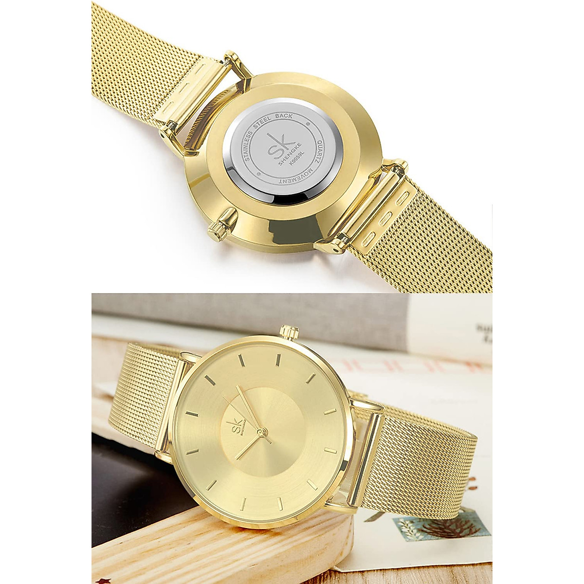 SHENGKE Simple Watches Analog Mesh Watches for Women Stainless Steel Band reloj de Mujer (K0059-GD)