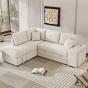 Merax Sofa Bed Sleeper Couch L Shaped Sofa with Storage Ottoman, 2 Throw Pillows and 2 Stools, Sectional Pull Out Sofa Bed with Wireless Charger and 2 Hidden USB Ports for Living Room (Cream)