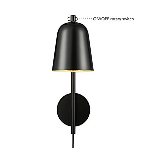 Globe Electric 65000049 1-Light Plug-in or Hardwire Wall Sconce, Matte Black, Pivoting Shade, Black Braided Fabric Designer Cord, E26 Base Socket, Home Décor, Wall Lighting, Home Improvement