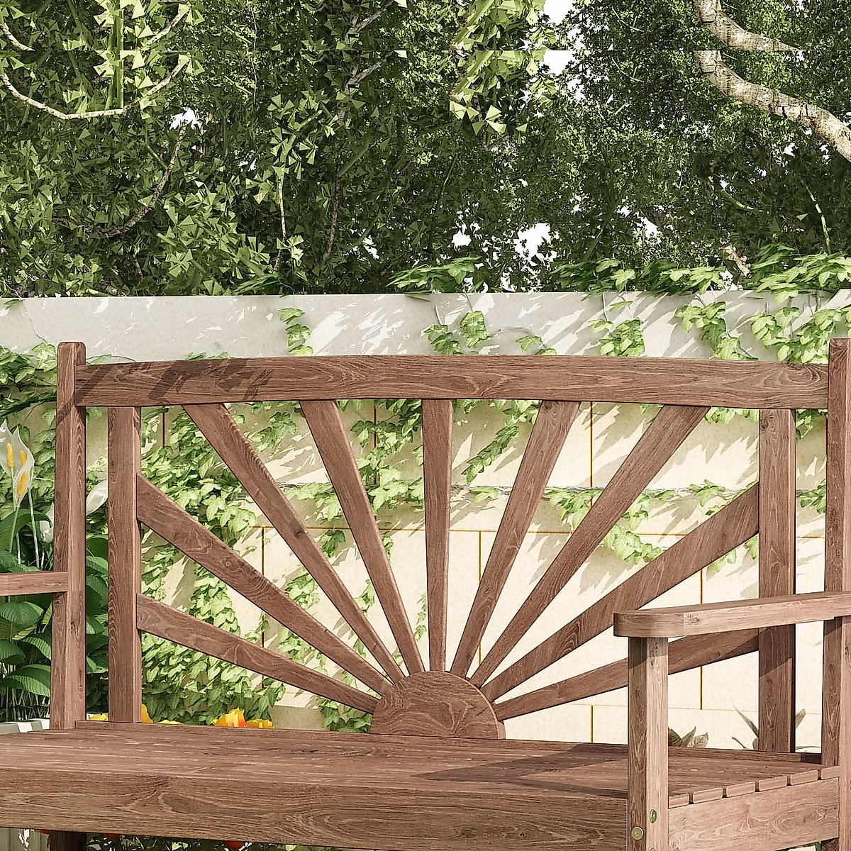 Timechee Outdoor Garden Bench, 43.3" Patio Wood Loveseat Benches, 2-Person Weather Resistance Wooden Garden Seating Furniture with Armrests & Backrest for Porch,Lawn, Brown