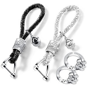 Crystal Bling Car Keychain for Women Glitter Rhinestone Keychain Ring Strap Keychain Accessories Car Key Decorations, Black, White, Large