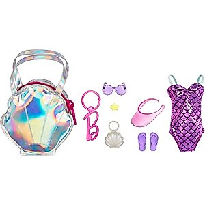 Barbie Clothes, Deluxe Clip-On Beach Bag with Swimsuit and Five Themed Accessories for Barbie Dolls