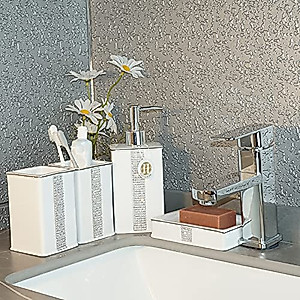 CAAHANJIA Bathroom Accessories Set 4 Pcs-Ceramic Gift Set Soap Dispenser Pump & Toothbrush Holder & Tumbler Cup & Soap Dish - Bathroom Home Decor Clearance, Countertop Vanity Organize (White01)