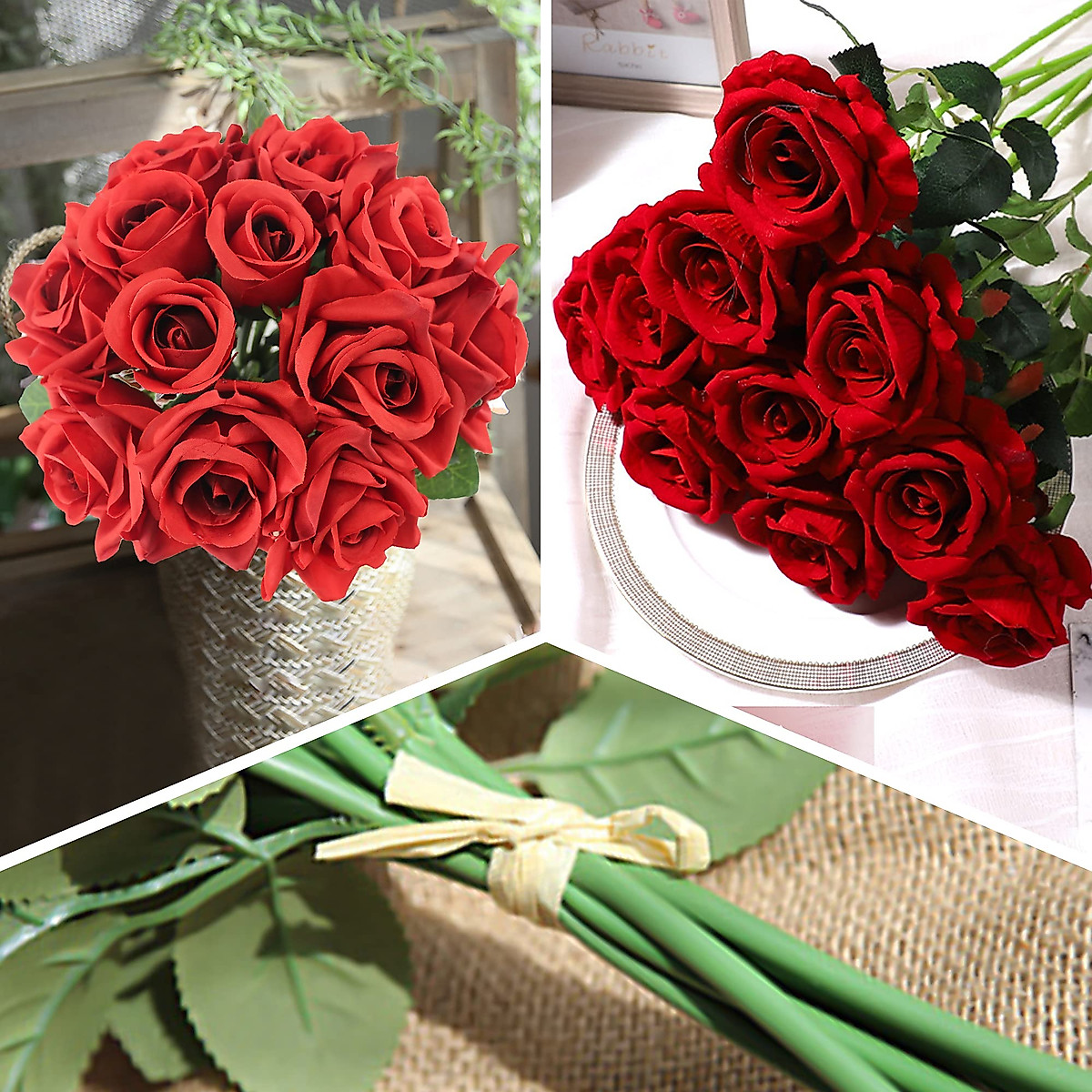 Artificial Silk Rose Flower,12 Pcs Real Looking Fake Roses with Stems, for Wedding Bouquets DIY Home Party Decoration Garden Background Decor (Red)