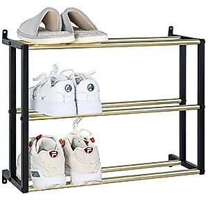 MyGift 3 Tier Wall Mounted Modern Minimalist Black and Brass Tone Metal Shoe Rack, Hanging Shoes Organizer Shelf for Closet, Mudroom, Entryway, Holds 6 Pairs
