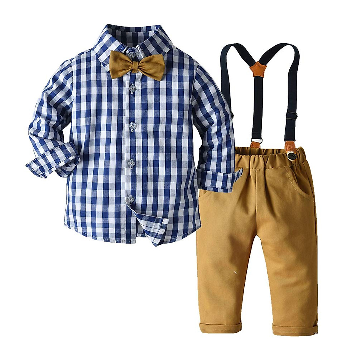 Moyikiss Studio Toddler Dress Suit Baby Boys Gentleman Clothes Sets Bow Ties Shirts + Suspenders Pants Outfits(Navy blue,100/3T)