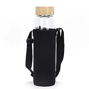 HOLABEAR 32oz Glass Motivational Daily Water Intake Bottle with Time Marker, Leakproof Bamboo Lid and Holder Sleeves, for Hot and Cold Drinks, Clear Reusable BPA Free
