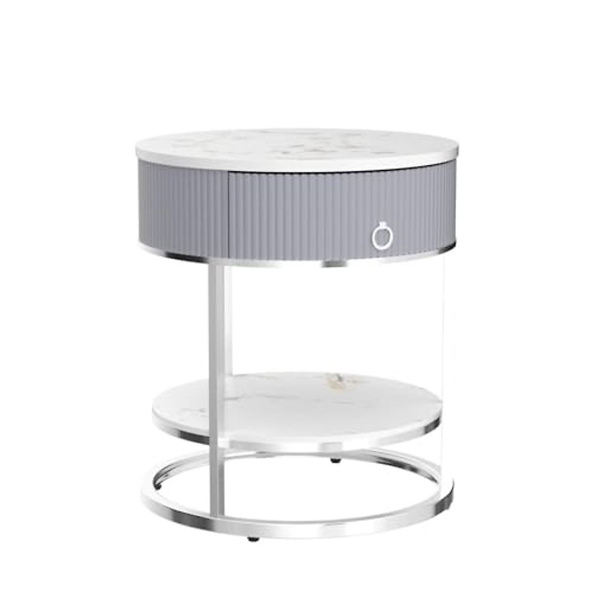 OIOG Modern End Table with Drawer, 2 Tier Side Table with Shelf, Round Nightstand with Sintered Stone Tabletop and Chrome Legs for Living Room, Bedroom, Home Office, Dorm, Silver