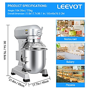 LEEVOT 30Qt 1250W Commercial Food Mixer, Commercial mixer 3-Speed Adjustable Heavy Duty Stand Mixer with Stainless Steel Bowl for Bakery Pizzeria.