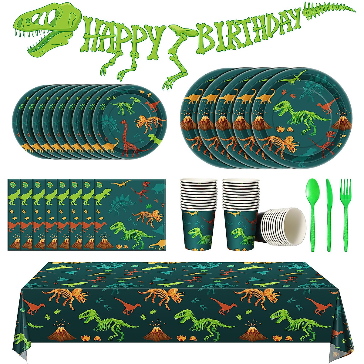 Uiifan 171 Pcs Dinosaur Party Supplies Include Dinosaur Birthday Paper Plates Cups Napkins Tableware Set Dinosaur Tablecloth Banner for Boys Kids Baby Shower Dino Theme Birthday Party Decorations