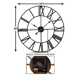 Sorbus Large Decorative Wall Clock 24 Inch, Oversized Centurian Roman Numeral Style Modern Home Decor Ideal for Living Room, Analog Metal Clock, 24" Round (Black)