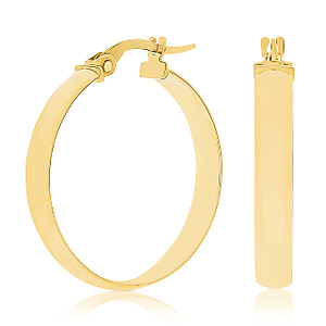 Italian 14k Yellow Gold Shiny Rounded Flat Medium Hollow Hoop Earrings 1"