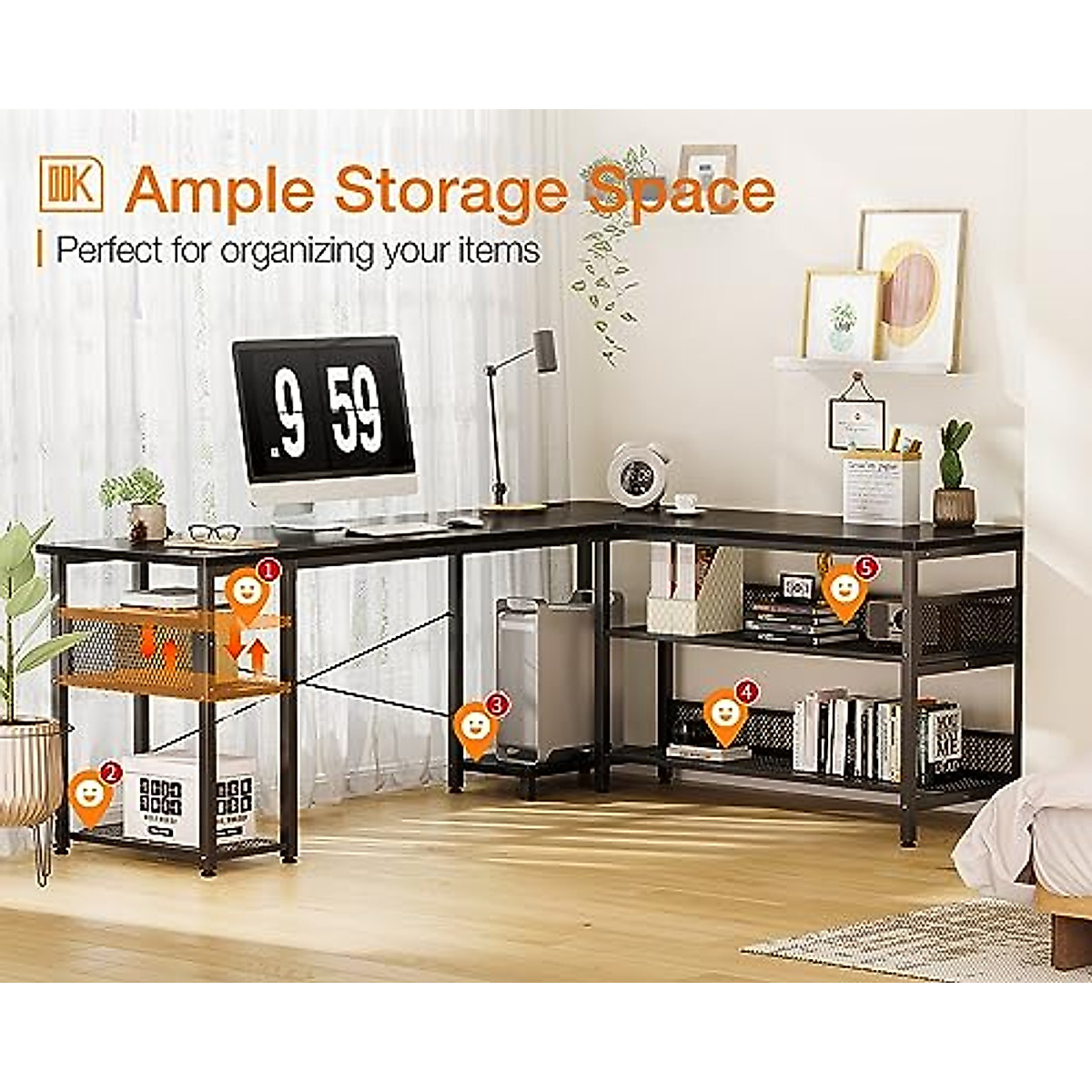 ODK 66" L Shaped Desk with Power Outlet and USB Charging Ports, Reversible L Shaped Computer Desk with Storage Shelves, Home Office Desk, Gaming Desk, Corner Desk, Black