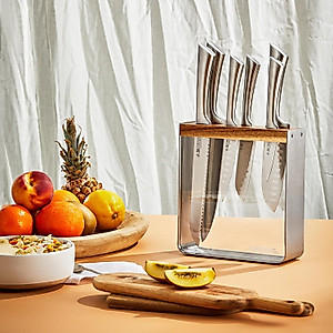 Cuisine::pro Damashiro Knife Block (Kinzoku, 7 Piece Set) - Japanese Steel Knife Block Set, Damascus Pattern with Glass Display Case