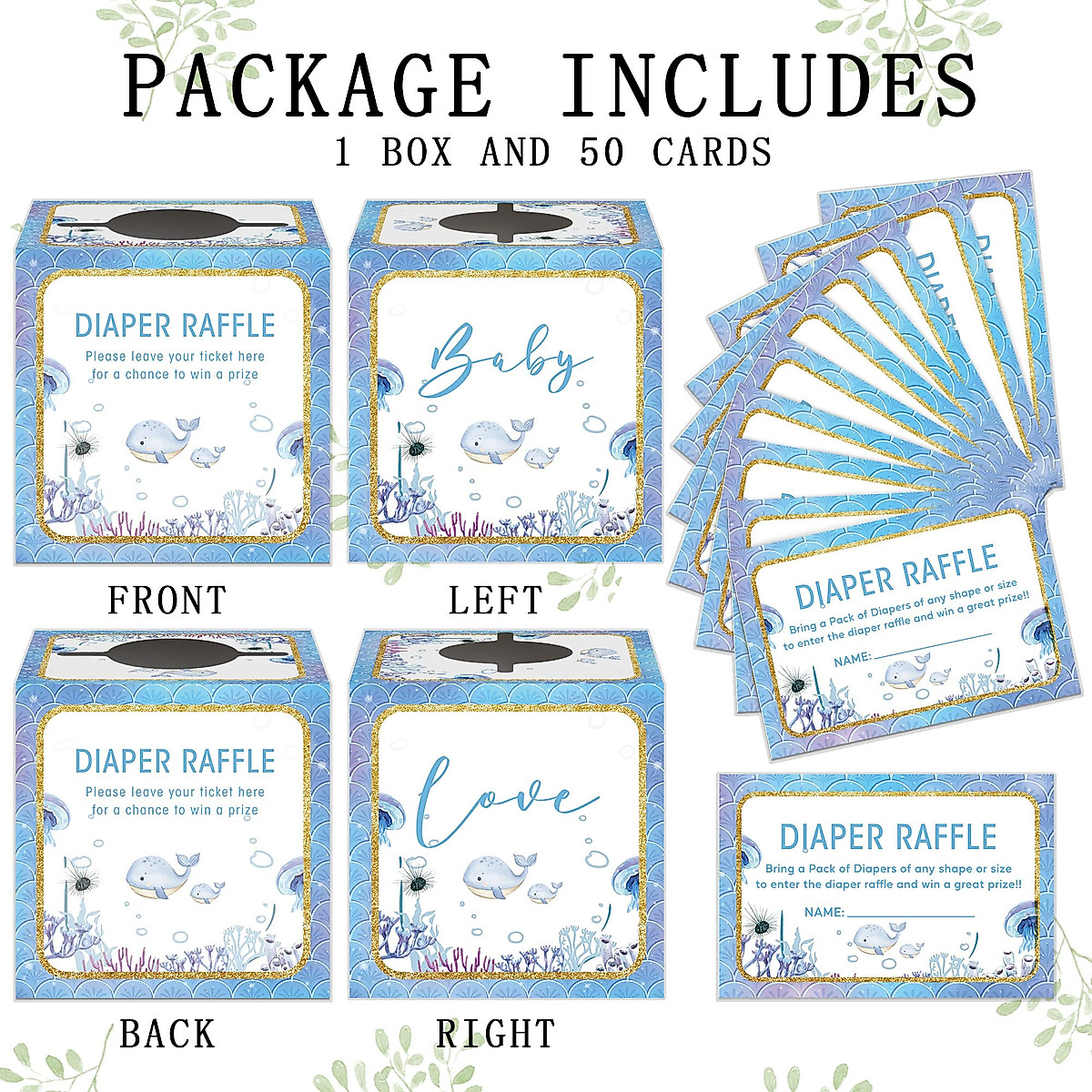 Azbuk Ocean World Theme Diaper Raffle Game with Box for Baby Shower, Funny Diaper Raffle Tickets Game, Diaper Party Raffle Insert Cards, Party Decorations Supplies, 50 Diaper Raffle Cards