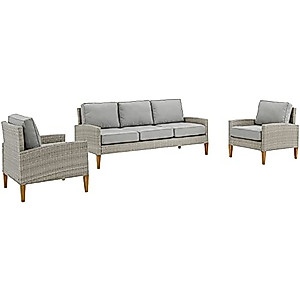 Crosley Furniture Capella 3-Piece Outdoor Sofa Patio Furniture Set, Wicker Conversation Sets for Porch, Acorn with Gray Cushions