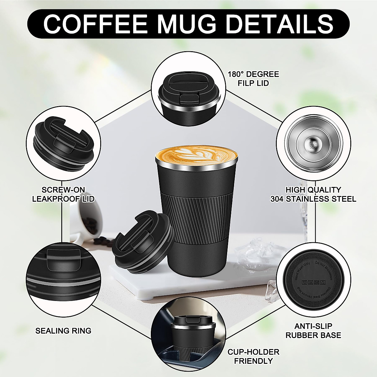 Coffee Travel Mug 12 oz & 17 oz Insulated Coffee Mug with Lid Portable Spill-Proof Coffee Travel Mug No Handle Reusable Stainless Steel Mug Keeps Cold and Hot Suitable for Car, Daily, Travel and Gifts