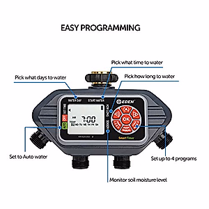 Eden 93413 Programmable Digital Water Timer 4-Zone, Compatible with Wireless Soil Moisture Sensor