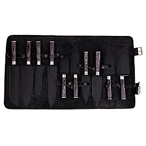 G49- Professional Kitchen Knives Custom Made Damascus Steel pcs of Utility Kitchen Knife Set Round Wood Handle with Pocket Case Chef Knife Roll Bag (10, Black)