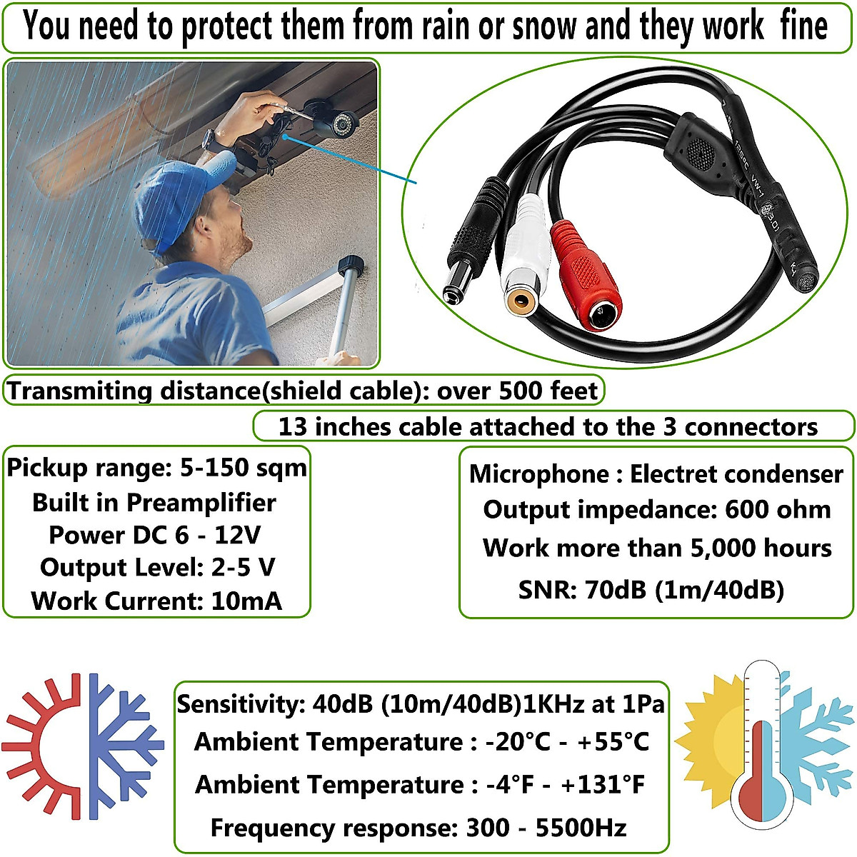 USA Sales Group Tiny RCA Outdoor Security CCTV Microphone for IP, NVR, TV, DVR Surveillance Cameras, Audio Mic Clear Sound with High Sensitive Adjustment Preamp Amplified Pickup Device Kit (1 Pack)