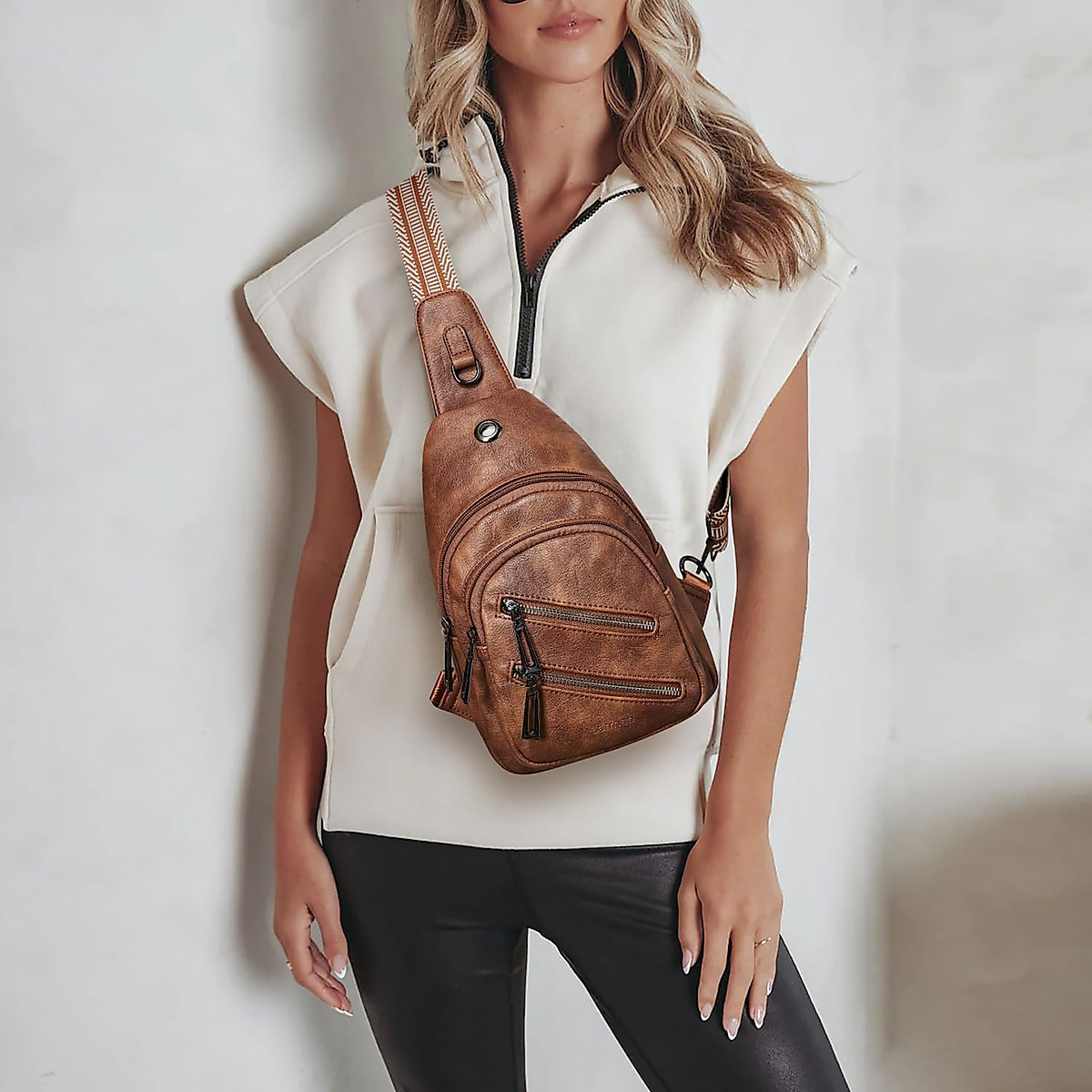 LATMAP 7L Sling Bag For Women Men Cross body Chest Bags Small Backpack Purse Fanny Pack Shoulder Travel Belt Bag Faux Leather Brown