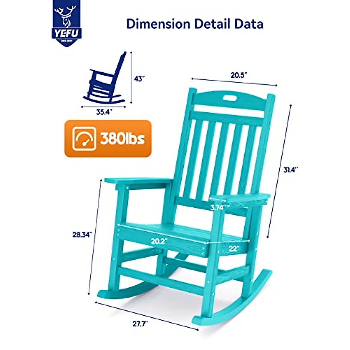 YEFU Outdoor Rocking Chair, Poly Lumber Patio Rocker Chair with High Back, Poly Rocking Chair Look Like Real Wood, Widely Used for Lawn, Porch, Backyard, Indoor and Garden,380lb Heavy Duty(Aruba Blue)